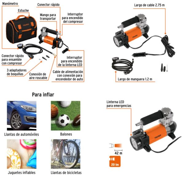 Compresor de aire 12 V portátil para auto – Truper – KN Materiales